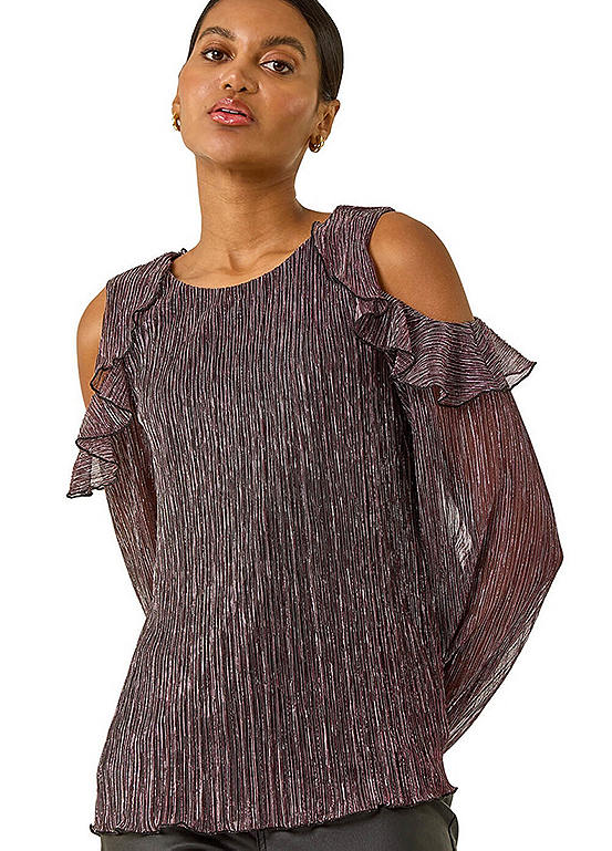Roman Shimmer Cold Shoulder Plisse Top | Freemans