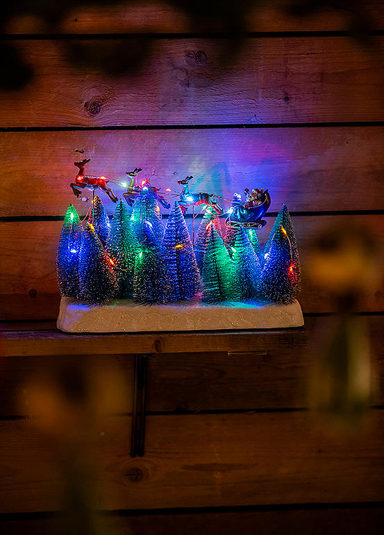 Santa in Sledge over Forest Scene with 32 Coloured LED | Freemans