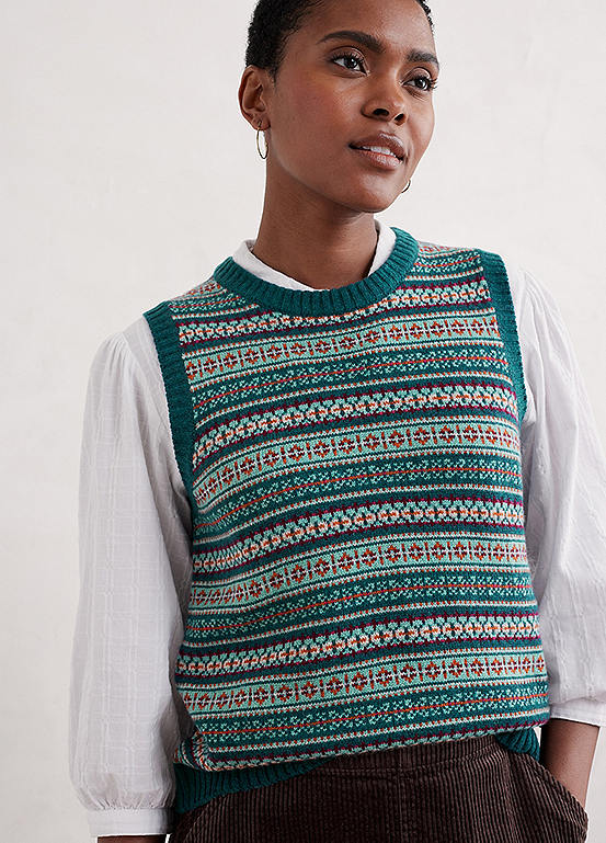 Seasalt Cornwall Blue Percella Cove Fair Isle Knitted Vest | Freemans