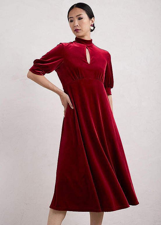 Seasalt Cornwall Red Four Lanes Velvet Empire Line Midi Dress | Freemans