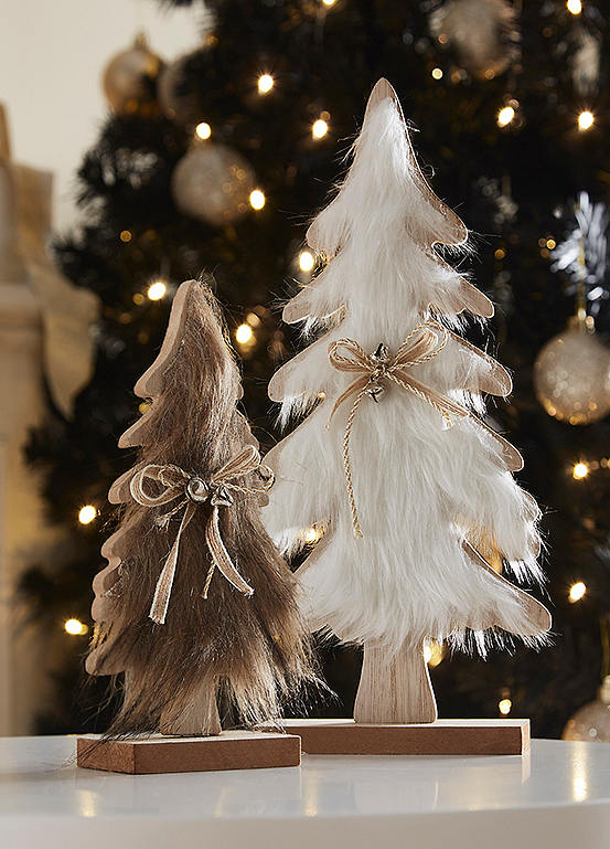 Set of 2 Wooden Trees with Faux Fur Detail | Freemans
