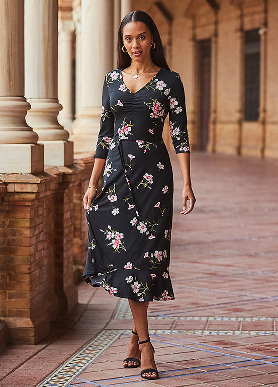 Sosandar Black & White Floral Print Jersey Midi Dress | Freemans