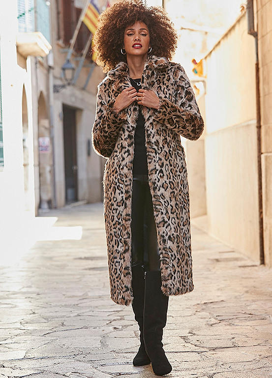 Sosandar Leopard Print Premium Faux Fur Longline Coat | Freemans