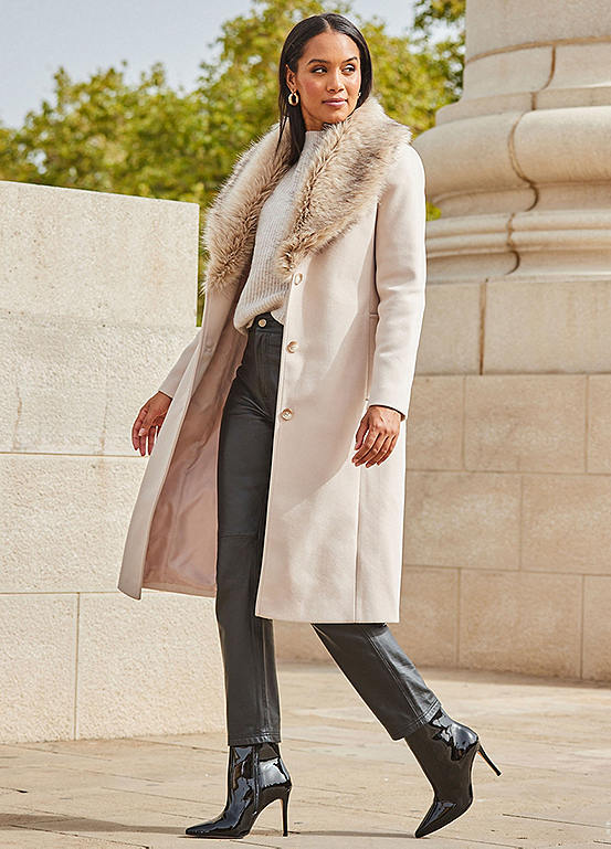 Sosandar Natural Longline Coat Faux Fur Collar Trim | Freemans