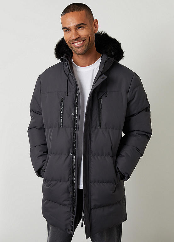 Threadbare Dark Grey Showerproof Longline Quilted Parka Jacket | Freemans