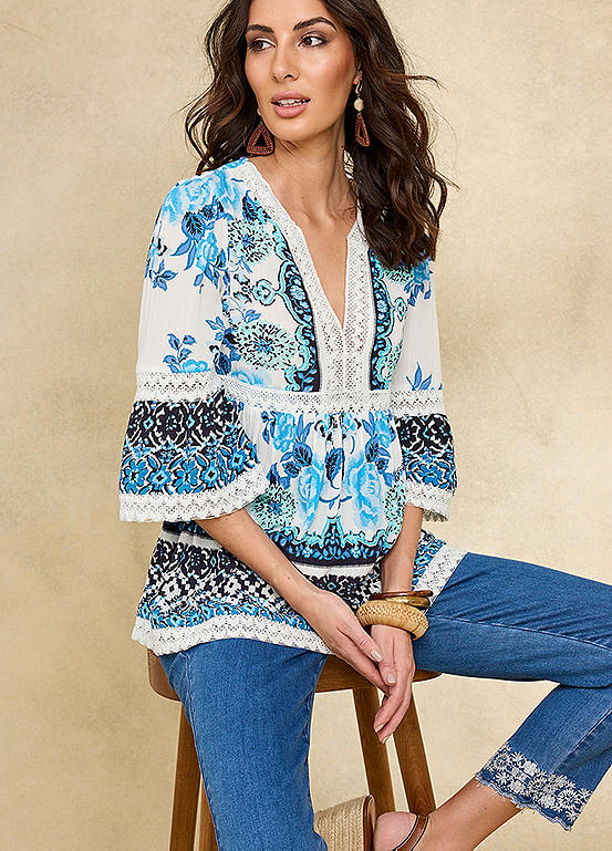 Together Blue Floral Border Print Blouse | Freemans