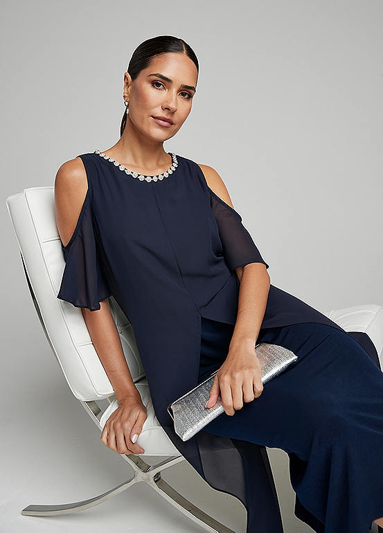 Together Navy Split Front Cold Shoulder Maxi Dress | Freemans