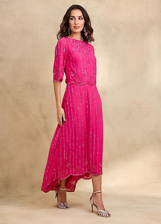Together Raspberry Beaded Hi-Low Hem Maxi Dress | Freemans