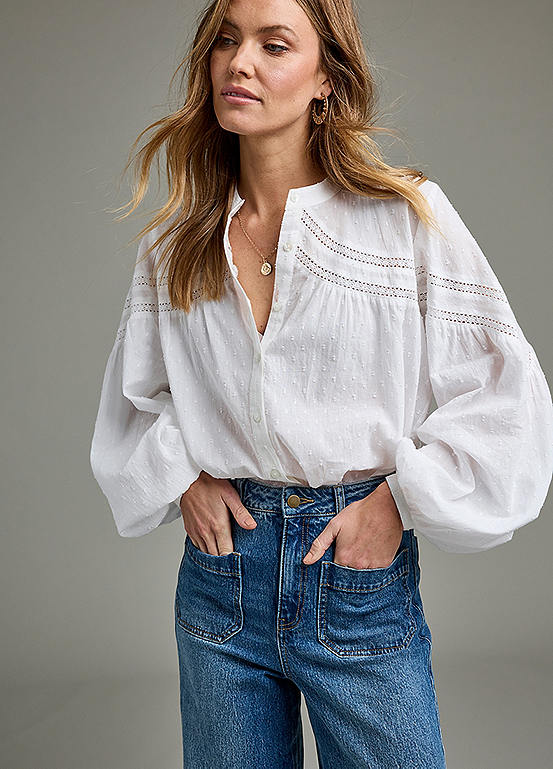 Together White Lace Trim Cotton Poet Blouse | Freemans