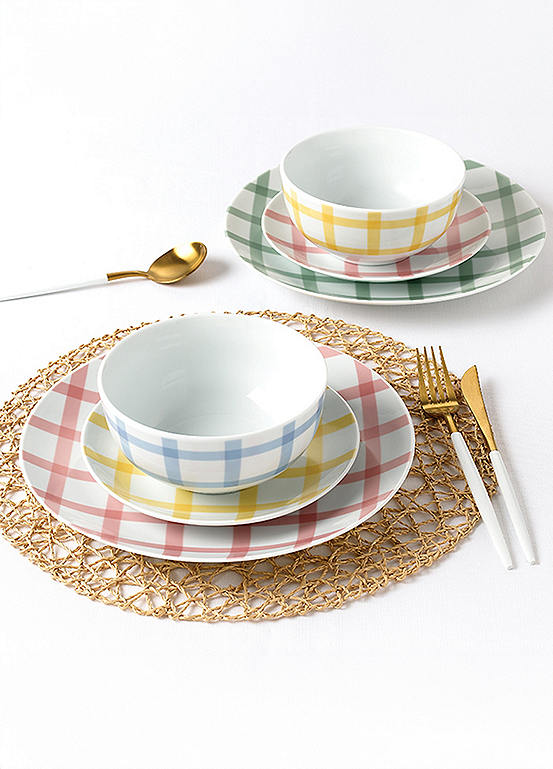 Waterside 12 Piece Gingham Pastel Dinner Set | Freemans