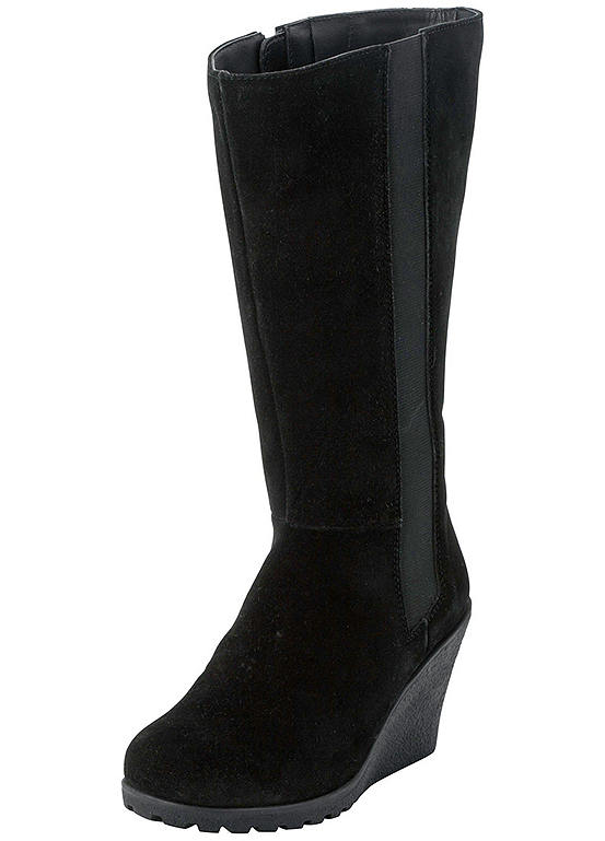 Wide Leg Wedge Heel Suede Boots by Sheego | Freemans