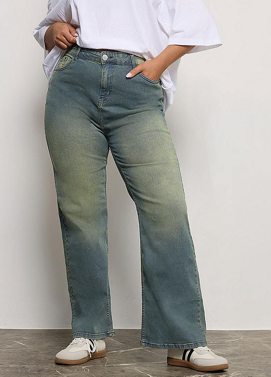 Yours Curve Blue Washed Effect Wide Leg Jeans | Freemans