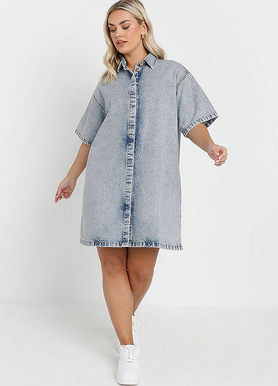 Yours Curve Mid Bleach Blue Denim Shirt Dress | Freemans
