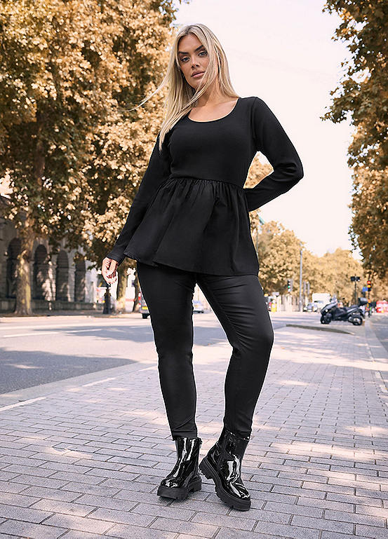Yours Curve Mixed Rib Peplum Top | Freemans